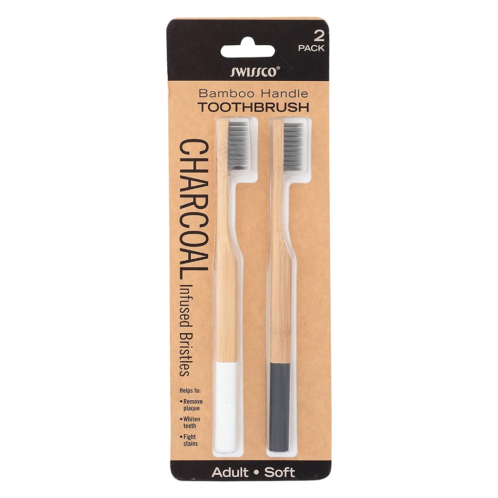 Swissco Bamboo Toothbrush With Charcoal Infused Bristles, 2 Pack, Soft ...